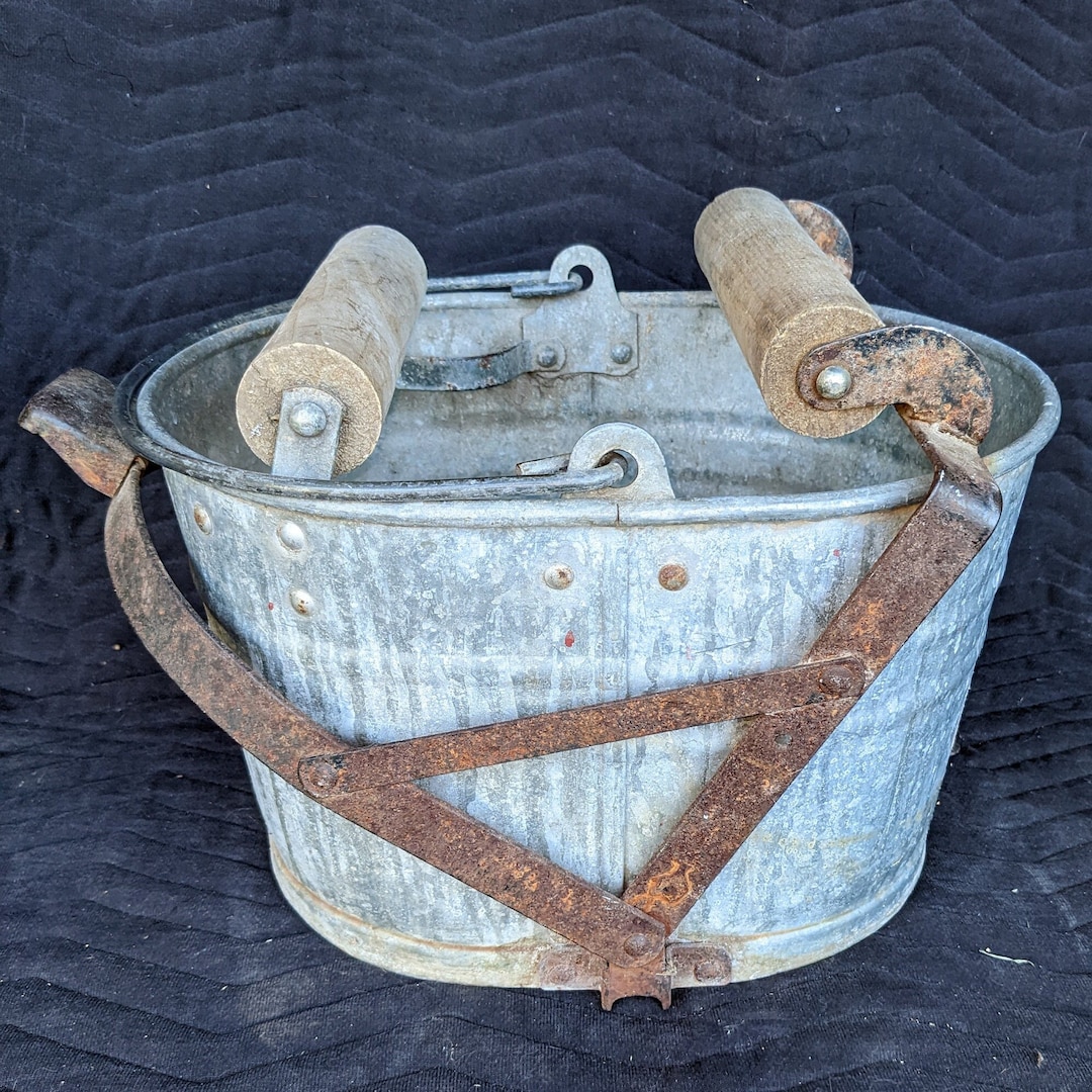 Vintage Galvanized Metal Mop Bucket With Wooden Wringer - Etsy Vintage Galvanized Metal Mop Bucket With Wooden Wringer - Etsy
