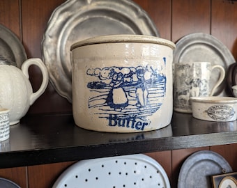 Antique Primitive Stoneware Butter Crock With Lid Blue Flowers ...