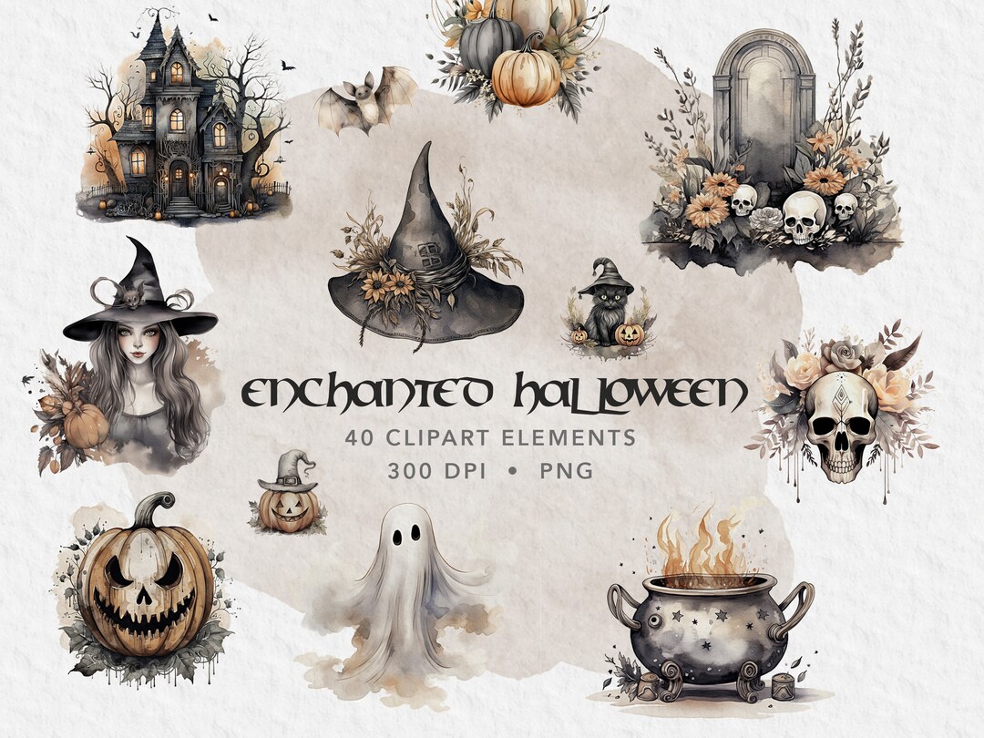 Watercolor Halloween Clipart, Boho Halloween, Art for Halloween ...