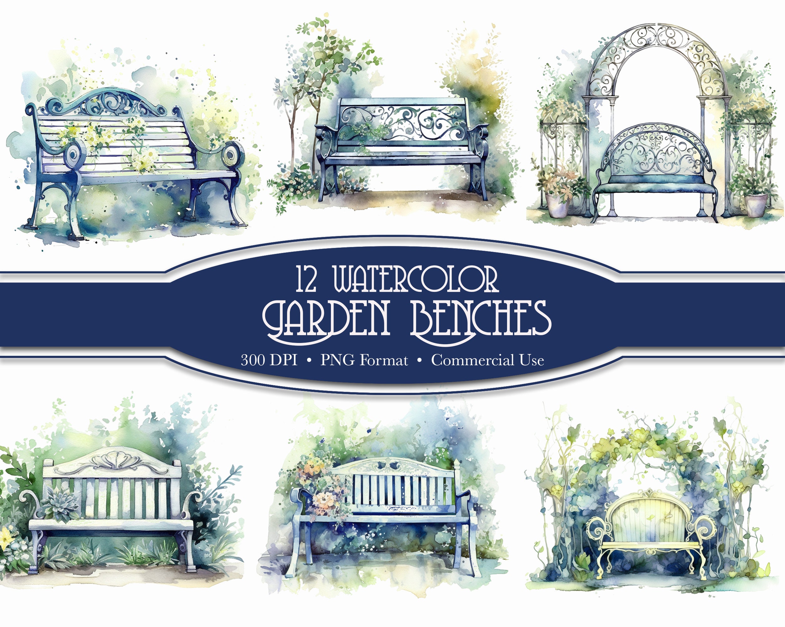 Watercolor Garden Benches Clipart Park Bench PNG Format, Bench Art ...