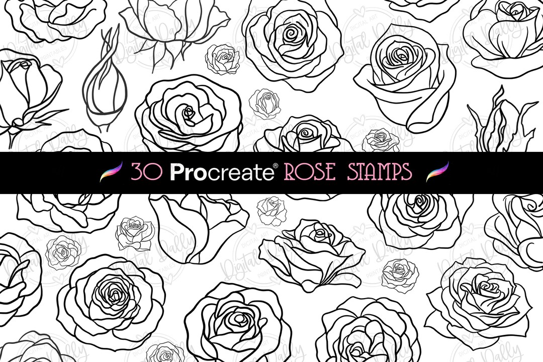 30 Rose Procreate Stamps, Rose Brushes for Projects, Rose Tattoo ...