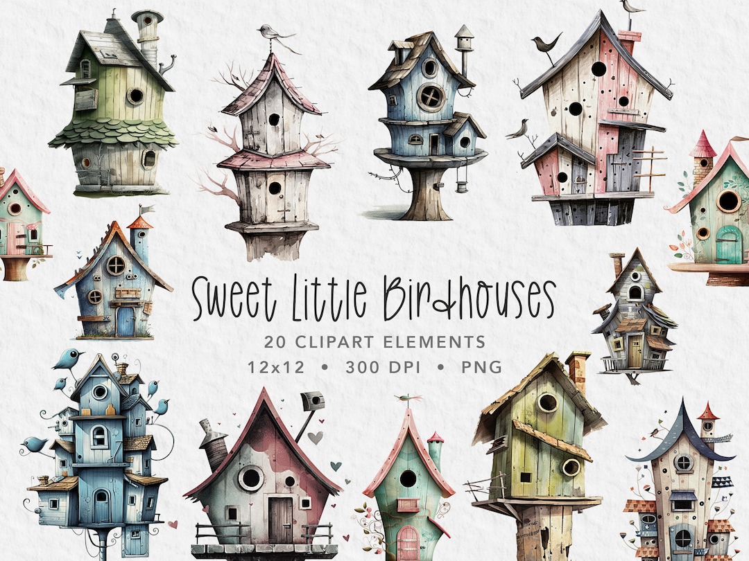 Birdhouse Clipart, Bird House Art, Whimsical, Rustic Bird House Bundle ...