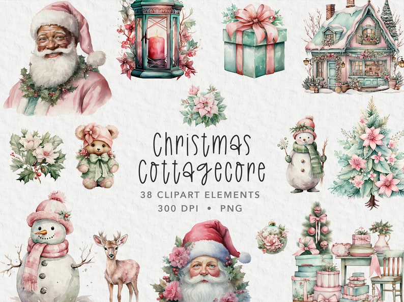 Christmas Cottagecore Clipart, Vintage Santa, Holiday Art, Christmas ...