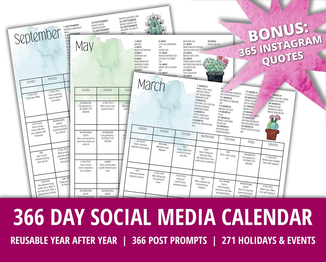Social Media Content Calendar | 366 Day Reusable Planner (digital ...