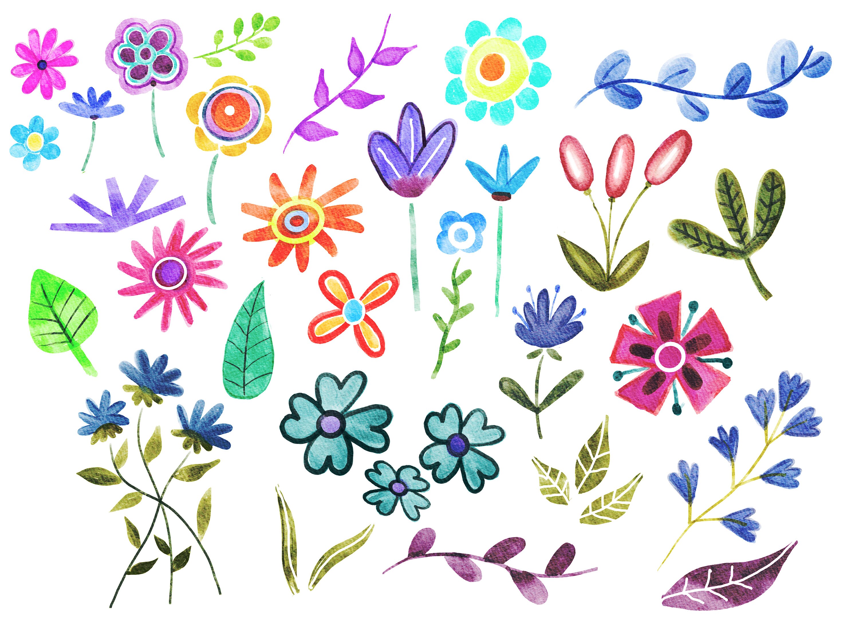 Fun Flowers Watercolor Floral Clipart Hand Drawn Kids Art Colorful ...