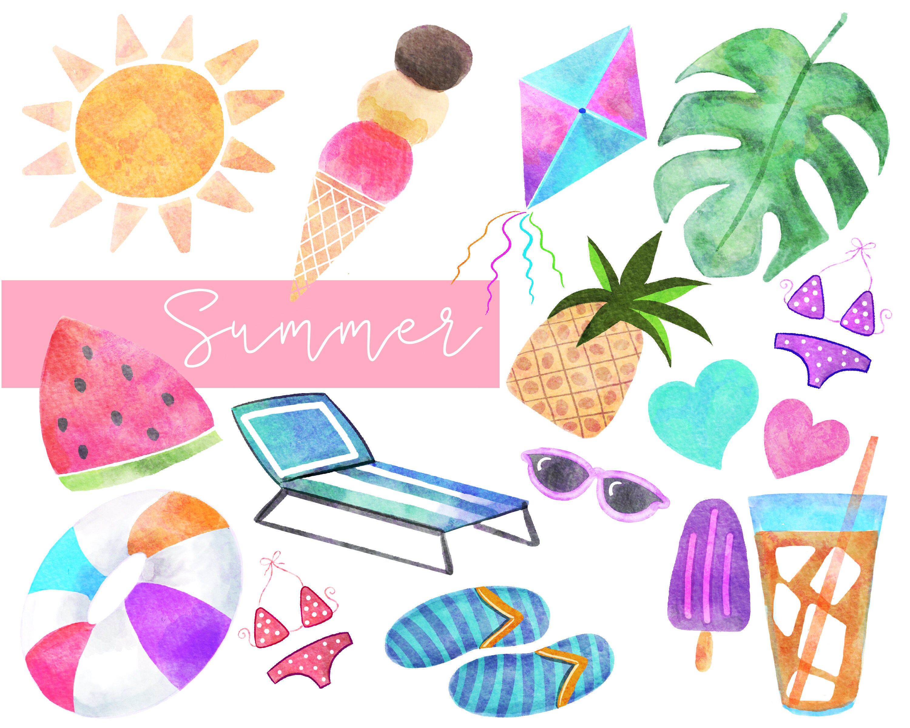 Summer Watercolor Clipart, Summertime, Summer Art, Sunshine, Beach ...