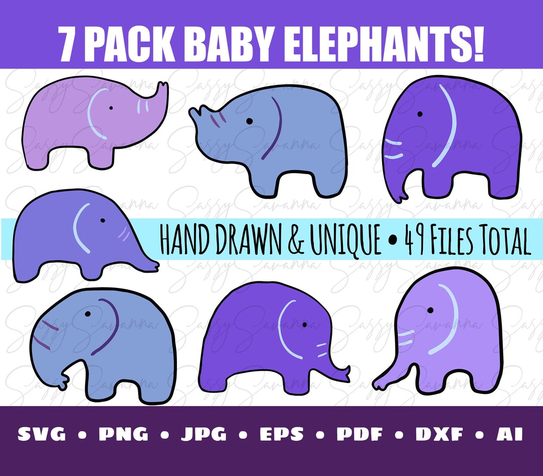 Baby Elephants Clipart, Hand Drawn Elephants - Svg - Dxf - Eps - Png ...