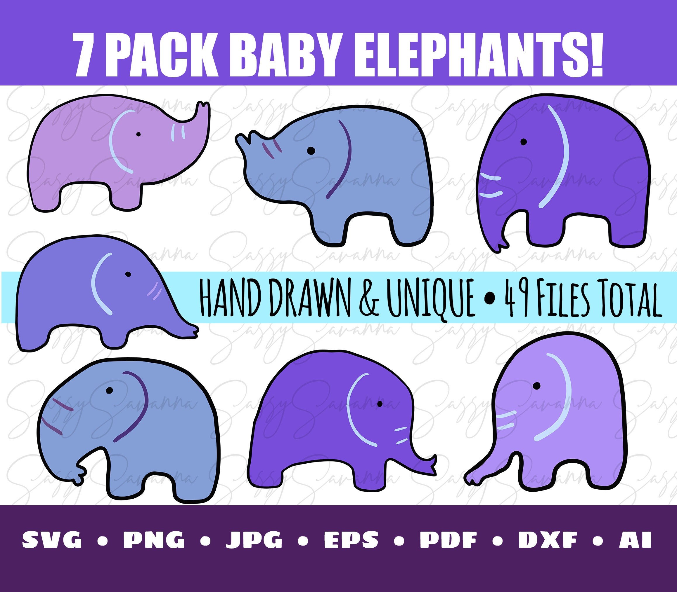Baby Elephants Clipart Hand Drawn Elephants Svg Dxf Eps - Etsy