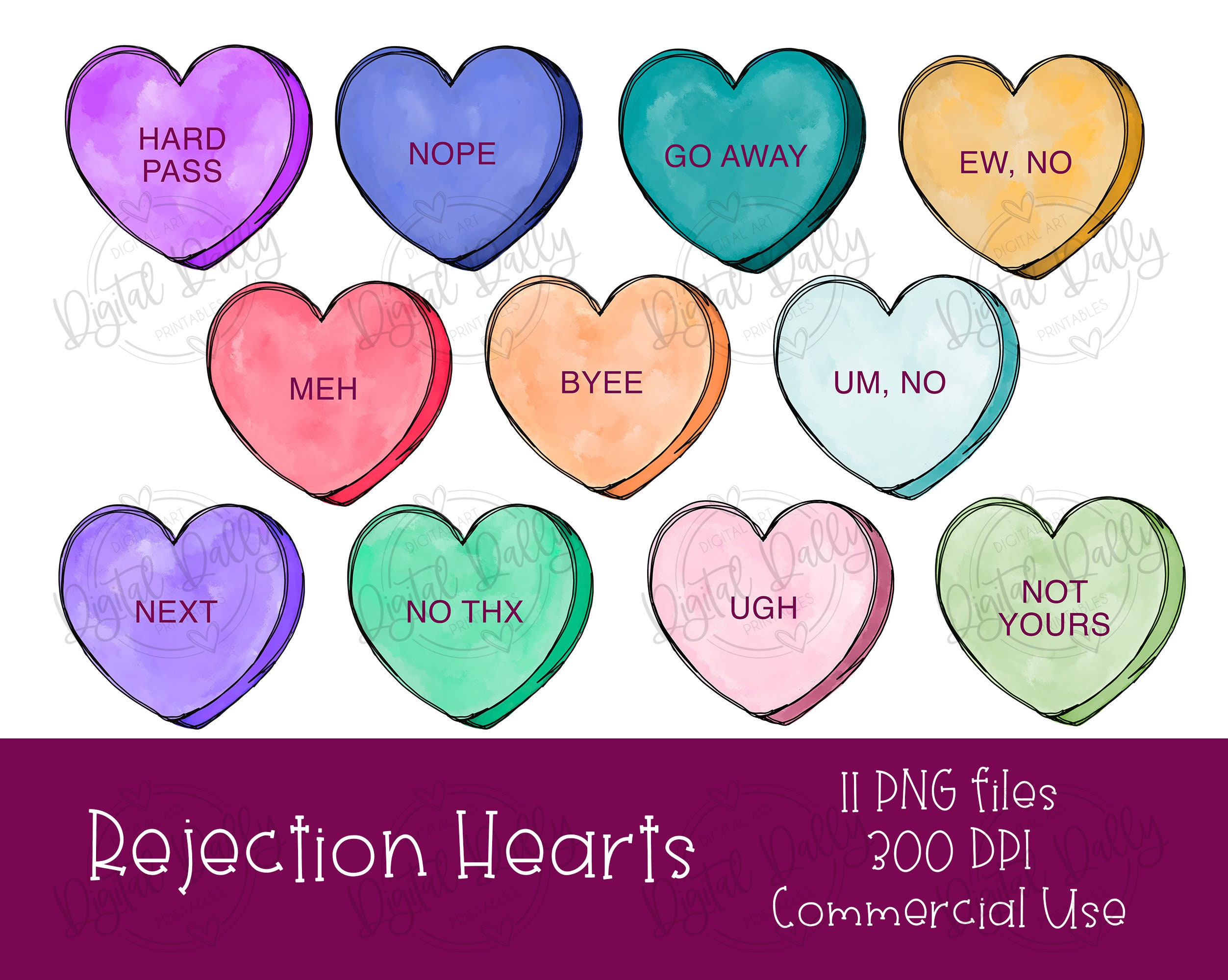 Rejected Candy Hearts - Valentine's Day Rejection PNG - Watercolor ...