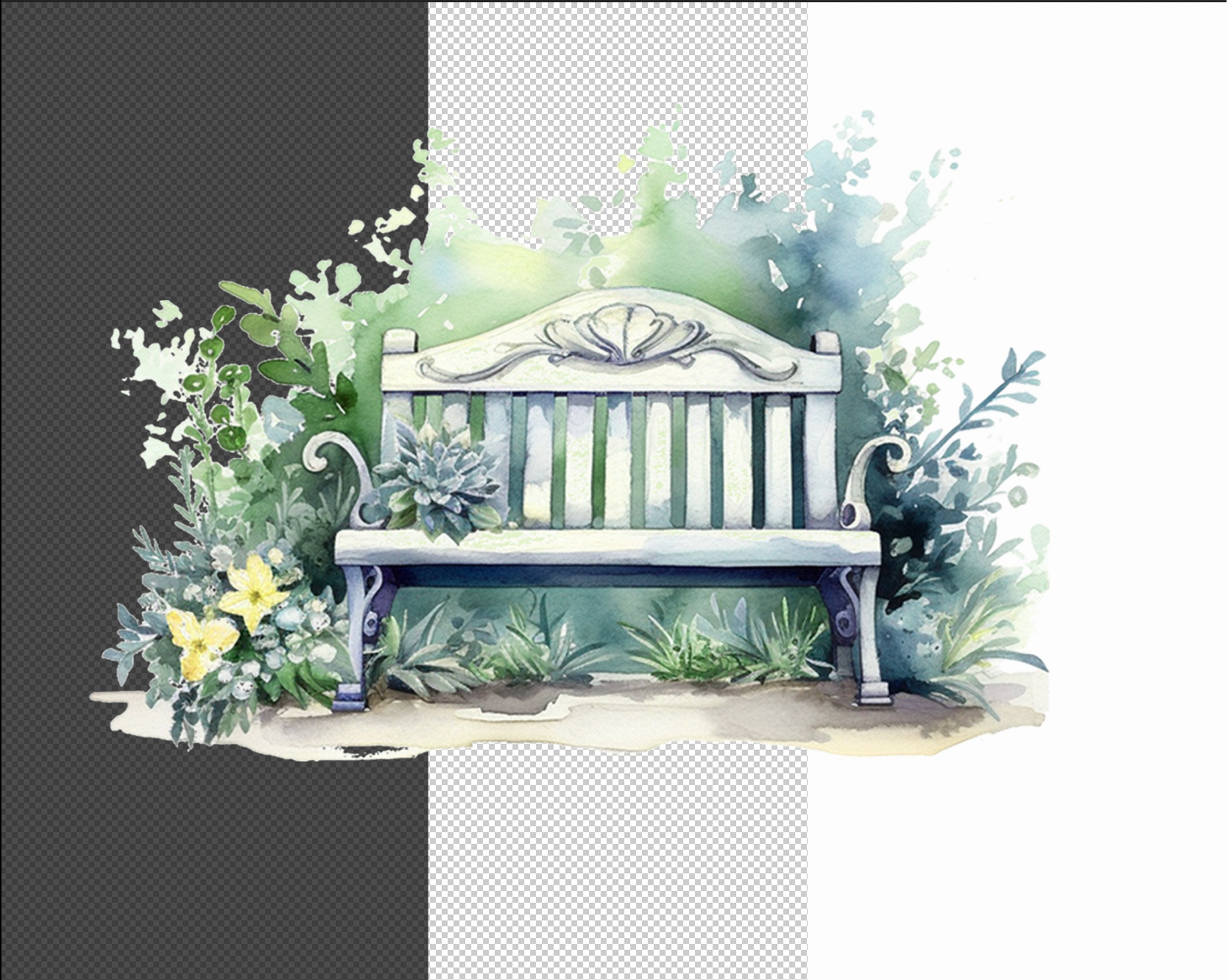 Watercolor Garden Benches Clipart Park Bench PNG Format, Bench Art ...