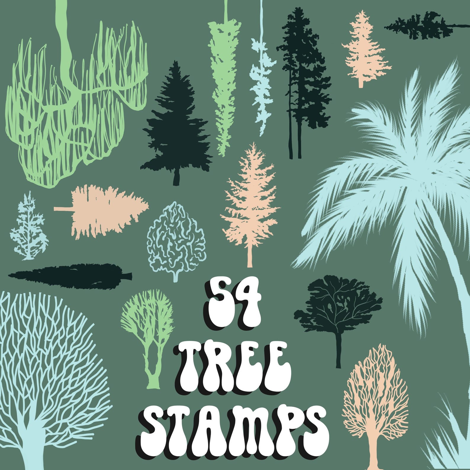 Procreate Tree Stamps, Forest, Evergreen, Palm, Pine Silhouette Brushes ...