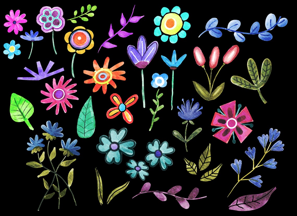 Fun Flowers Watercolor Floral Clipart Hand Drawn Kids Art Colorful ...