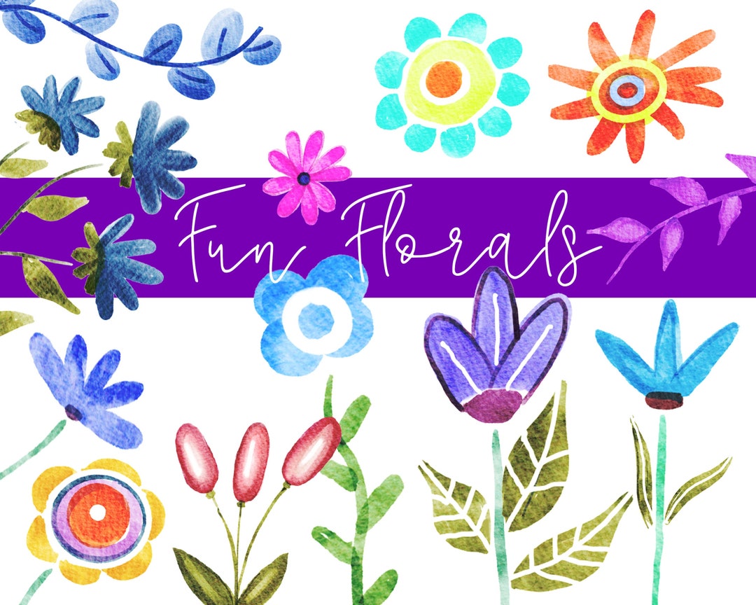Fun Flowers Watercolor Floral Clipart Hand Drawn Kids Art Colorful ...