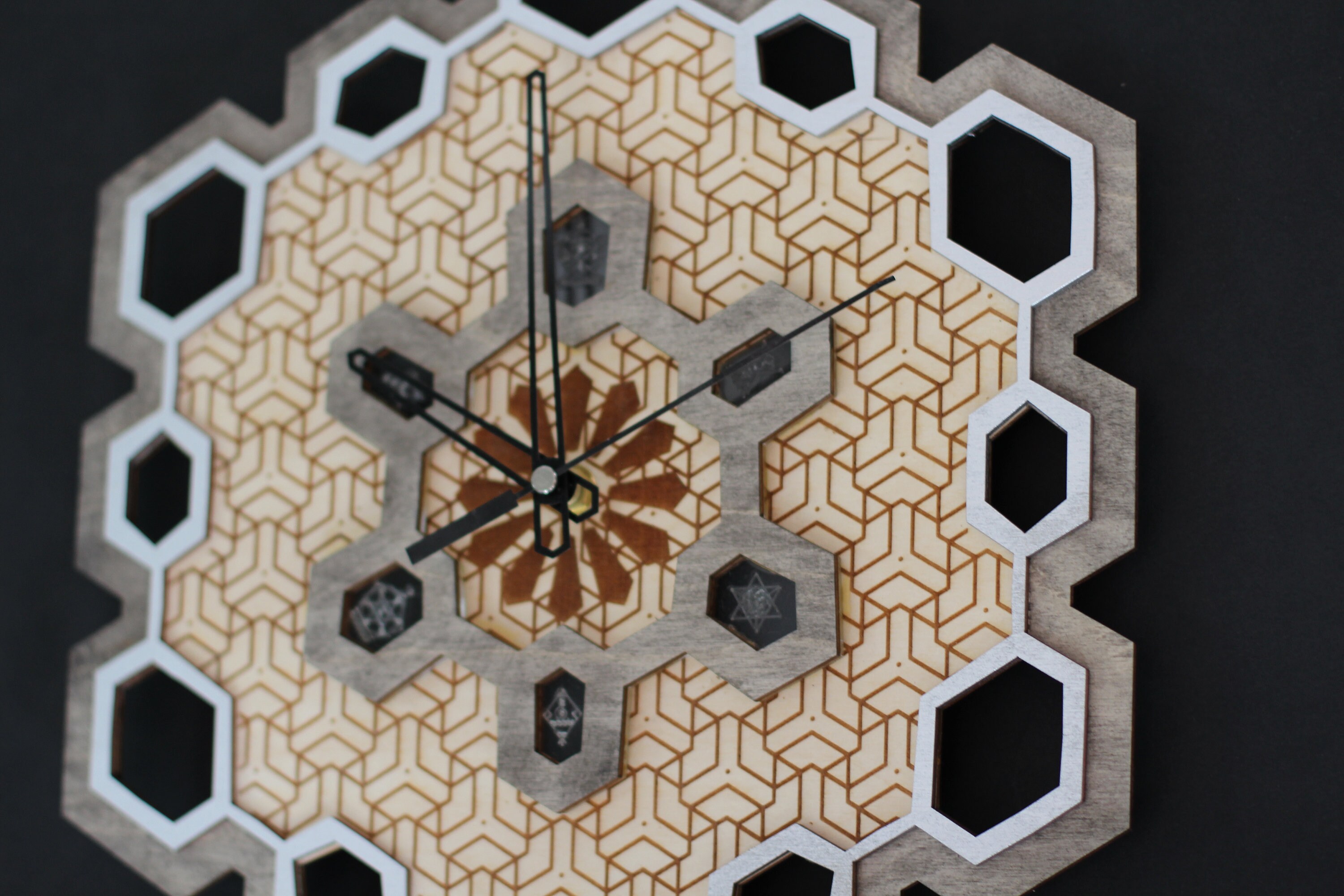 Wooden Laser Cut Wall Clock With Engraved Geometric Patterns Coming in ...