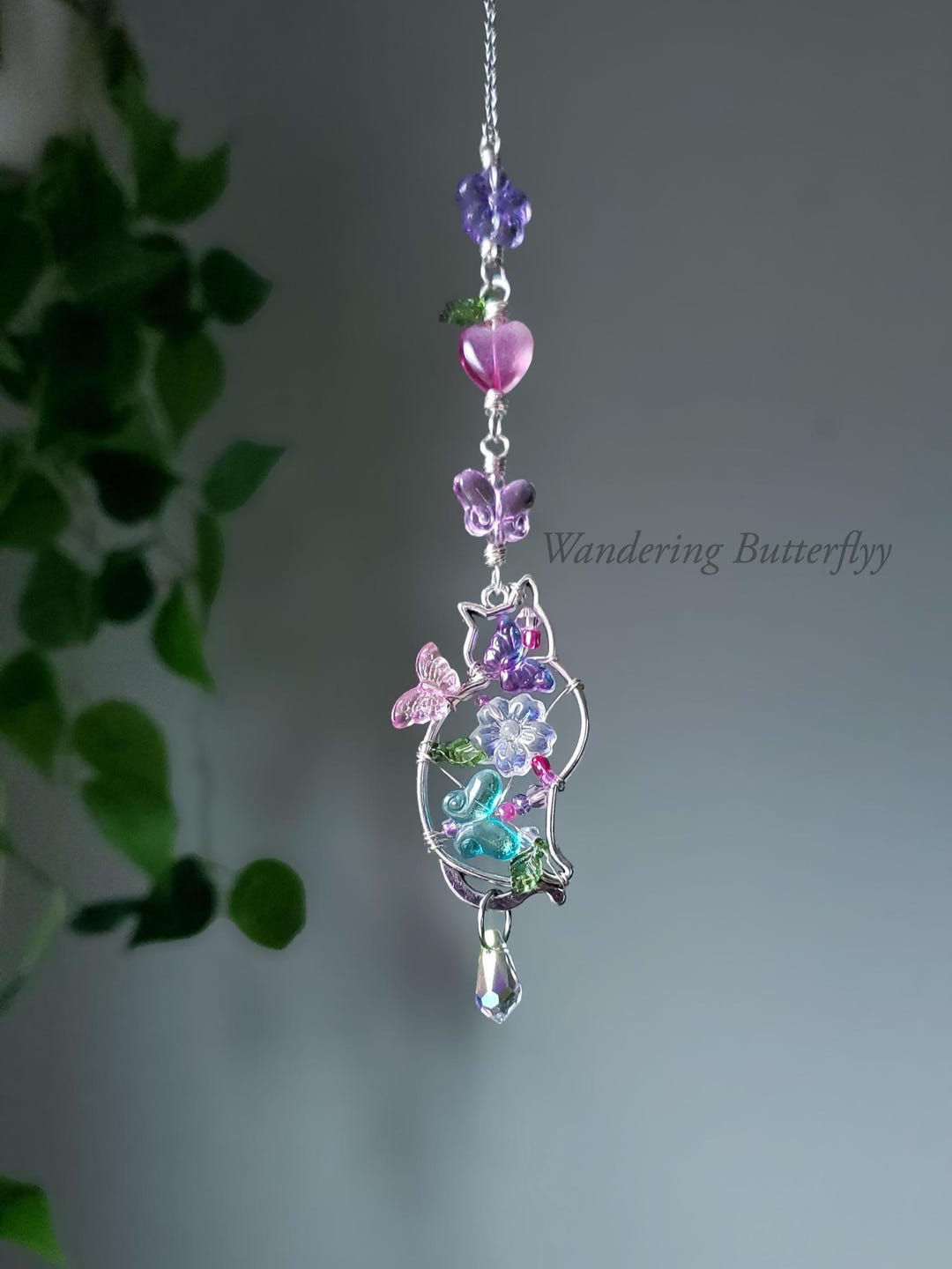 Cat Car Charm, Whimsy Suncatcher, Butterfly Car Charm, Cat Memorial ...