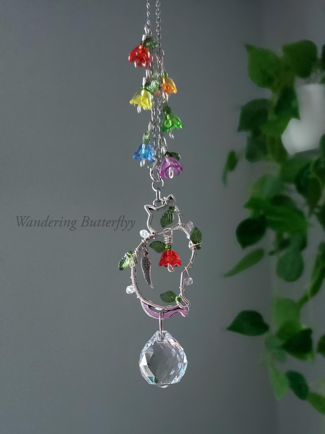 Cat Suncatcher, Flower Car Charm, Rainbow Bridge Gift, Whimsical ...