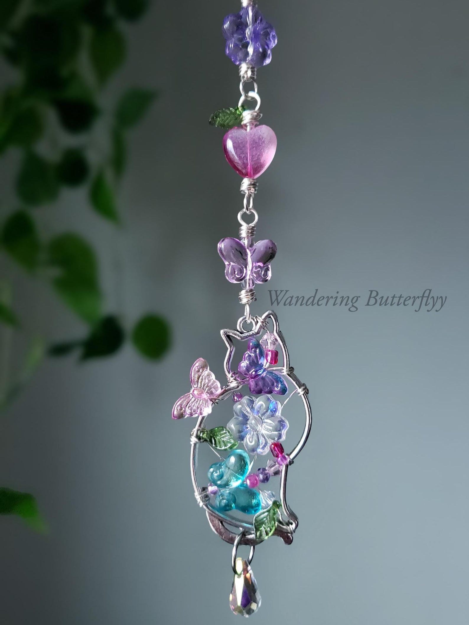 Cat Car Charm, Whimsy Suncatcher, Butterfly Car Charm, Cat Memorial ...