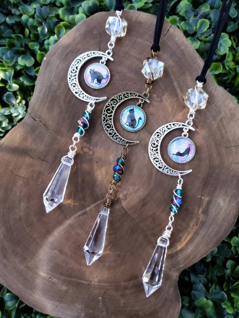 Cat Car Charm, Boho Moon Decor, Moon Suncatcher, Crystal Car Charm, Cat ...