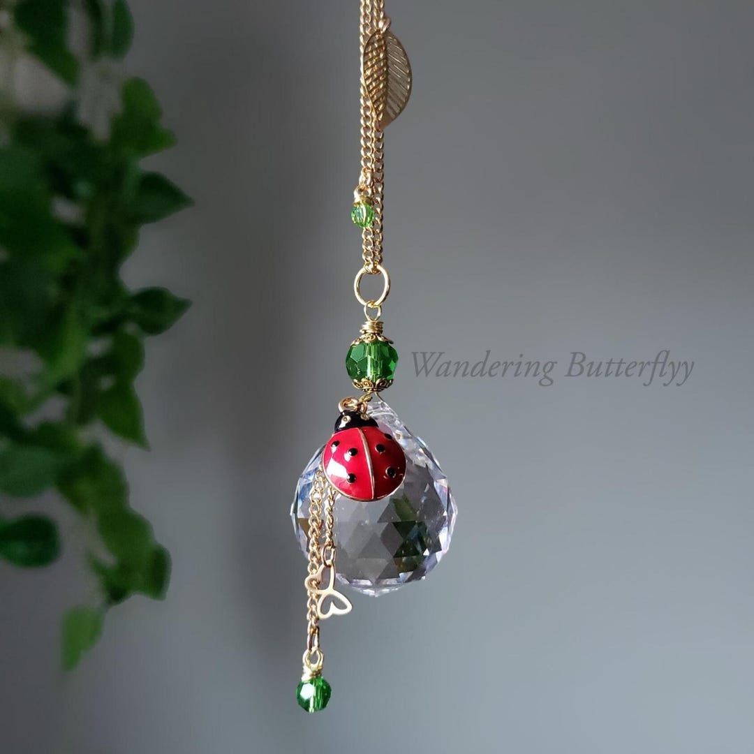 Ladybug Suncatcher, Green Suncatcher, Leaf Car Charm, Nature Suncatcher ...