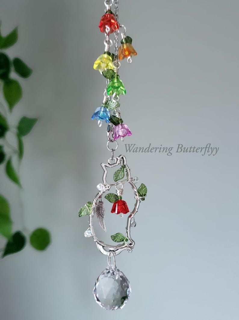 Cat Suncatcher, Flower Car Charm, Rainbow Bridge Gift, Whimsical ...