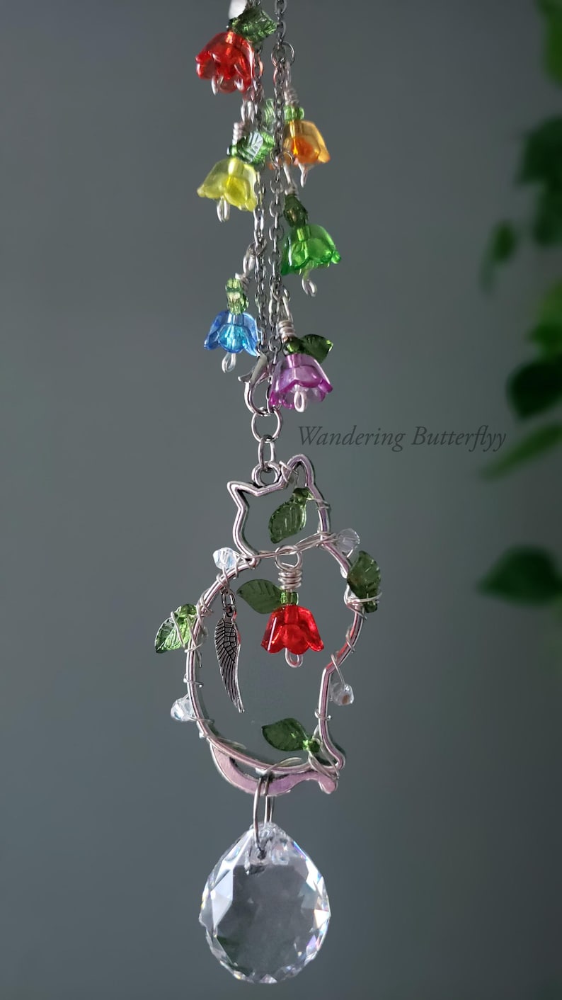 Cat Suncatcher, Flower Car Charm, Rainbow Bridge Gift, Whimsical ...