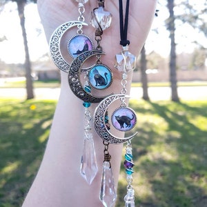 Cat Car Charm, Boho Moon Decor, Moon Suncatcher, Crystal Car Charm, Cat ...