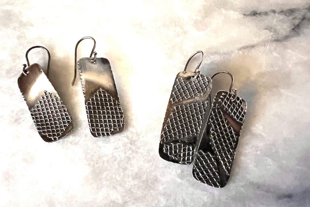 925 Sterling Silver Mesh Dangle Earrings Industrial Drop Earrings ...