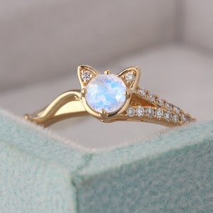 Art Deco Moonstone Engagement Ring Yellow Gold, Animal Cat Shaped Ring ...