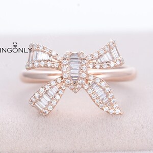 Delicate Bow Ring White Gold Alternative Diamond Dainty Baguette ...