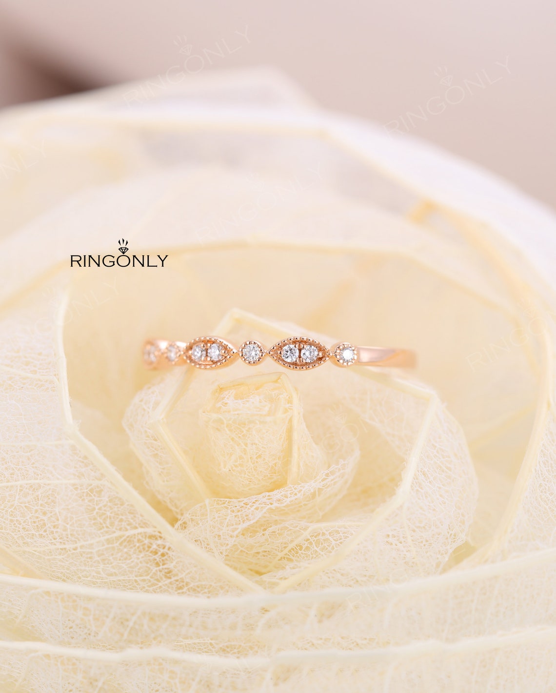 Rose gold engagement ring women round cut Diamond Milgrain Art | Etsy