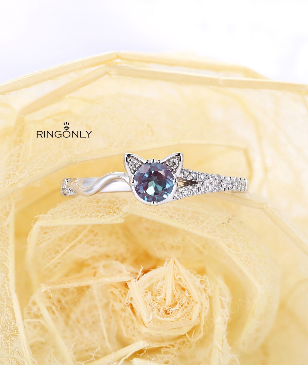 Vintage Alexandrite Engagement Ring White Gold Animal Cat Shaped Ring ...