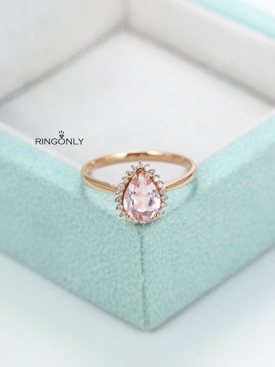 Morganite engagement ring Rose gold Halo Pear shaped | Etsy