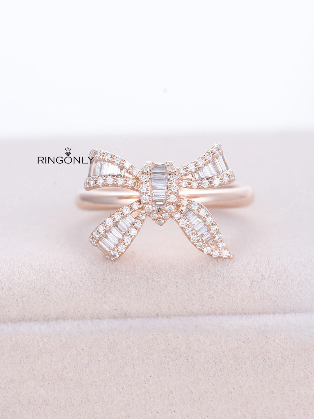 Delicate Bow Ring White Gold Alternative Diamond Dainty Baguette ...