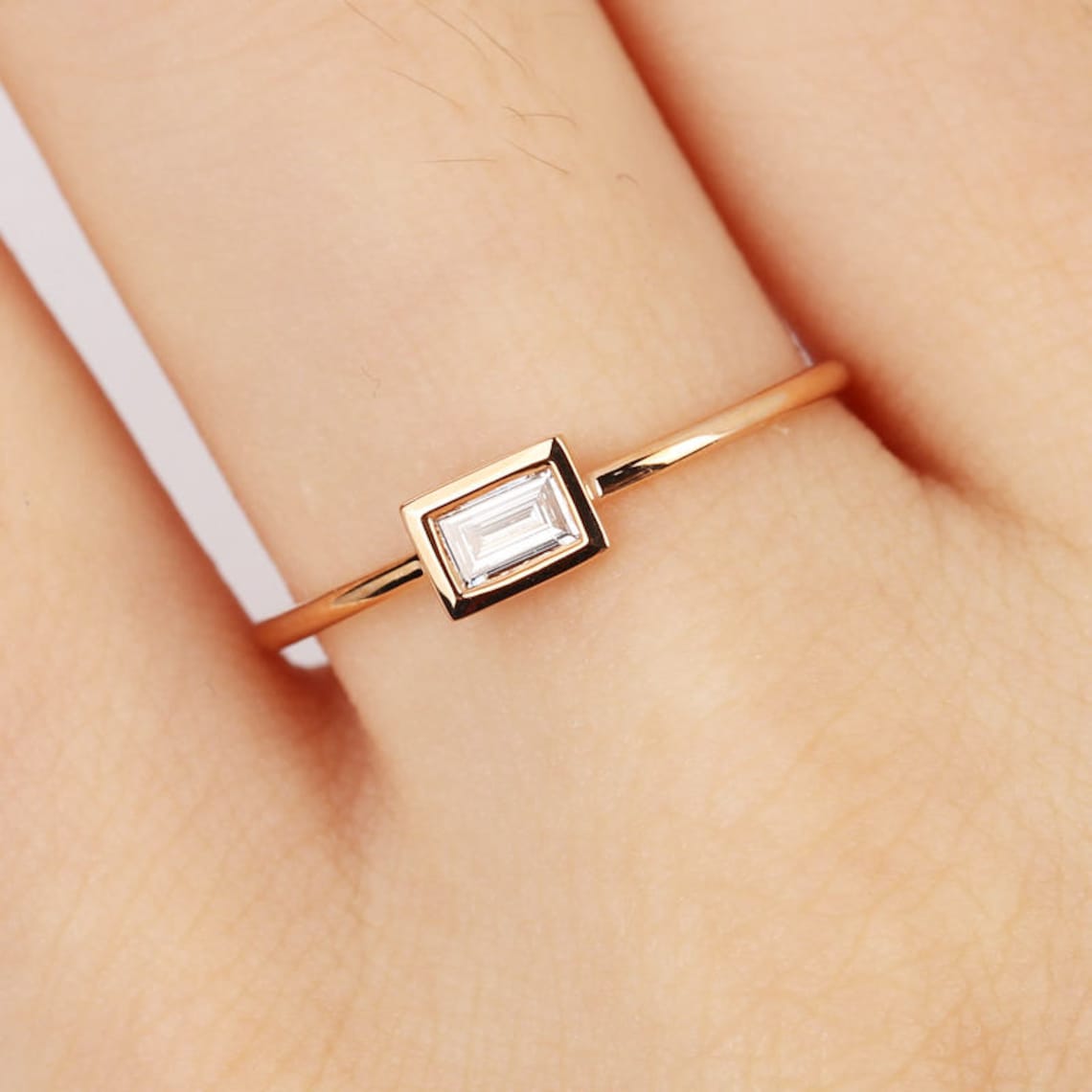 Minimalist Engagement Ring Bezel Set Baguette Diamond Ring | Etsy