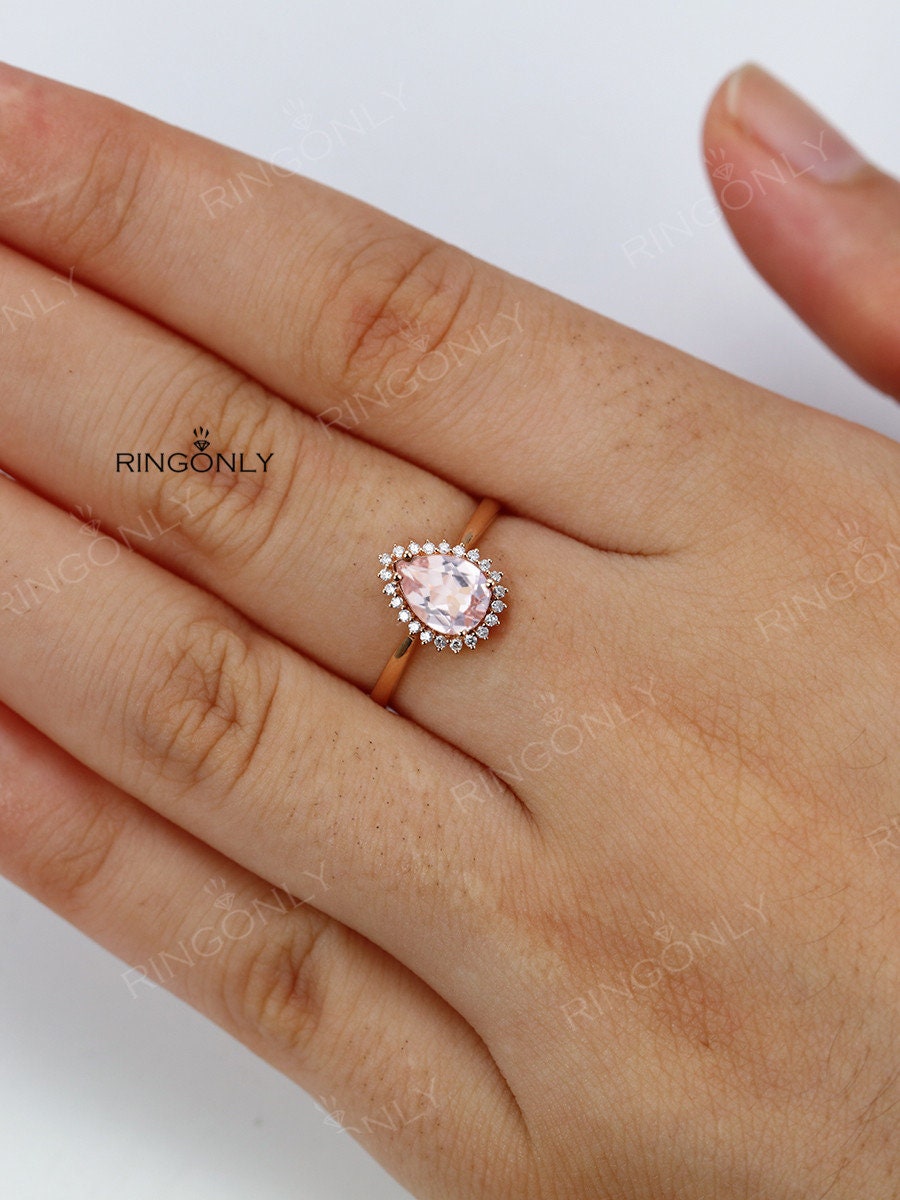 Morganite Engagement Ring Rose Gold Halo Pear Shaped | Etsy