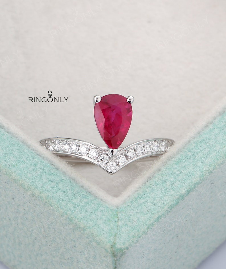 Pear Shaped Ruby Engagement Ring Set in White Goldmoissanite - Etsy