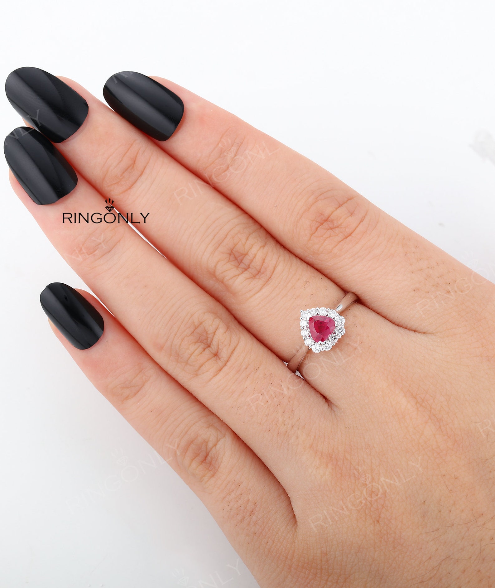 Heart Shaped Ruby Engagement Ring in White Gold,halo Diamond Wedding Ring,unique Ring ...