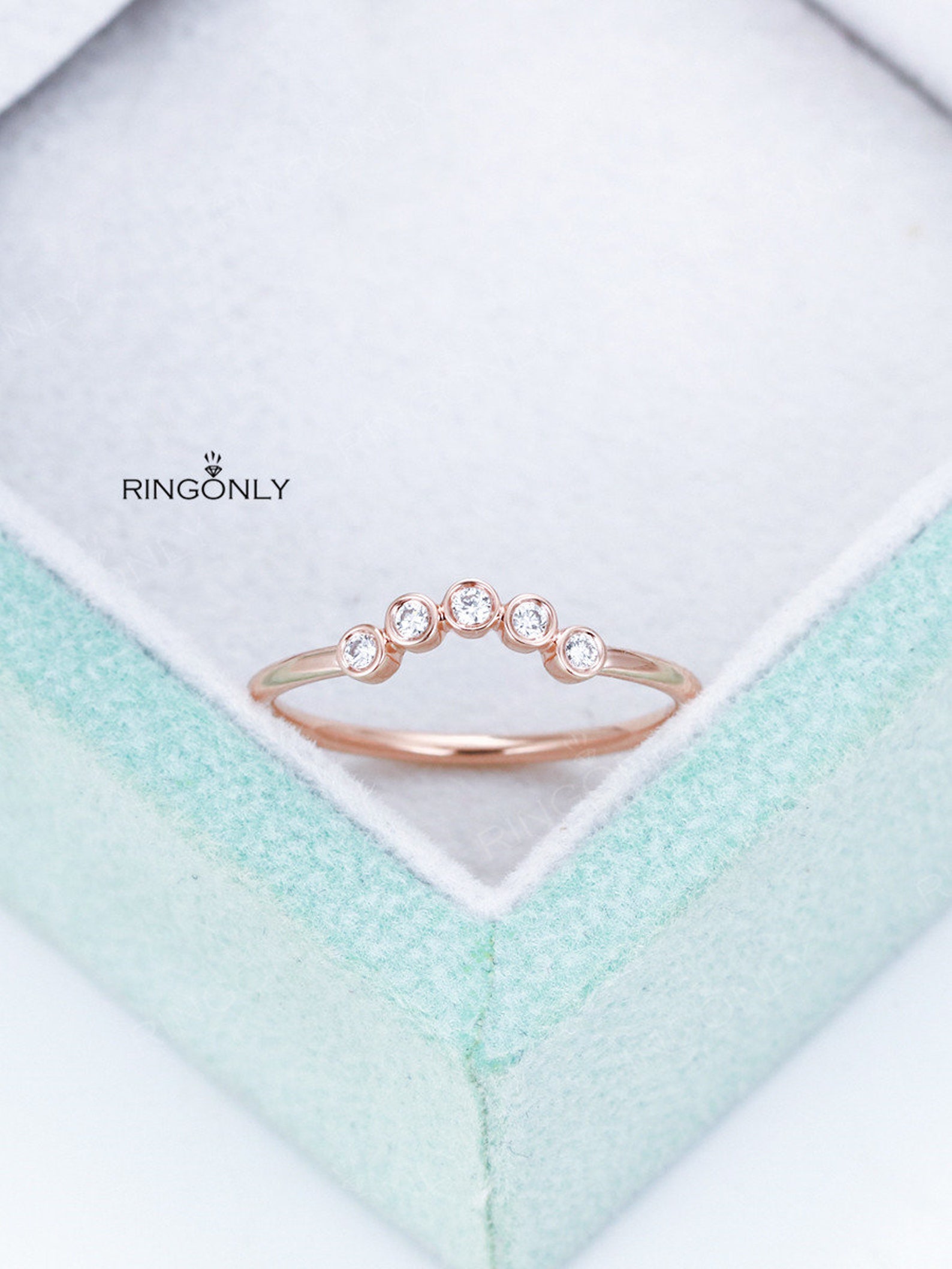 Curved Diamond Wedding Band Women Chevron Tiny Dainty Diamond Ring 14k ...