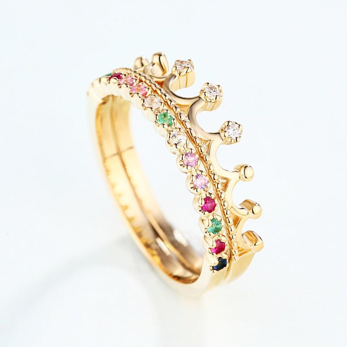 Unique Crown Wedding Ring Set Bridal Diamond Princess Half Eternity ...