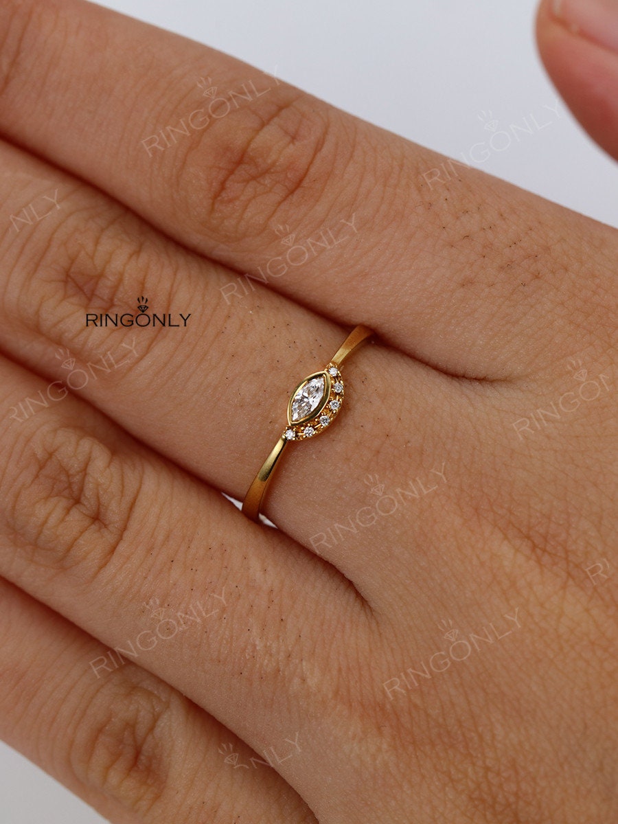 Marquise Cut Engagement Ring Unique 14K Gold Cluster Thin | Etsy