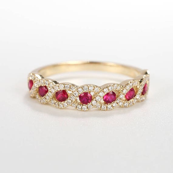Ruby Wedding Band Women Delicate Diamond Wedding Ring Half | Etsy