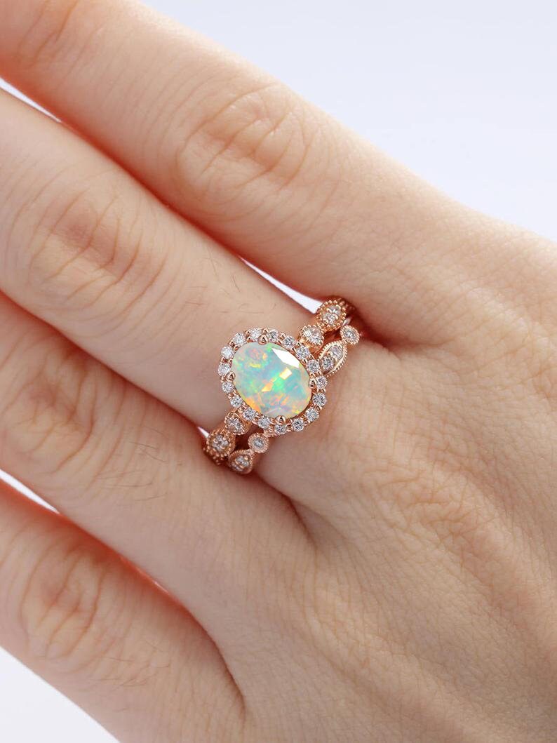Opal Engagement RingArt deco Vintage moissanite wedding ring | Etsy