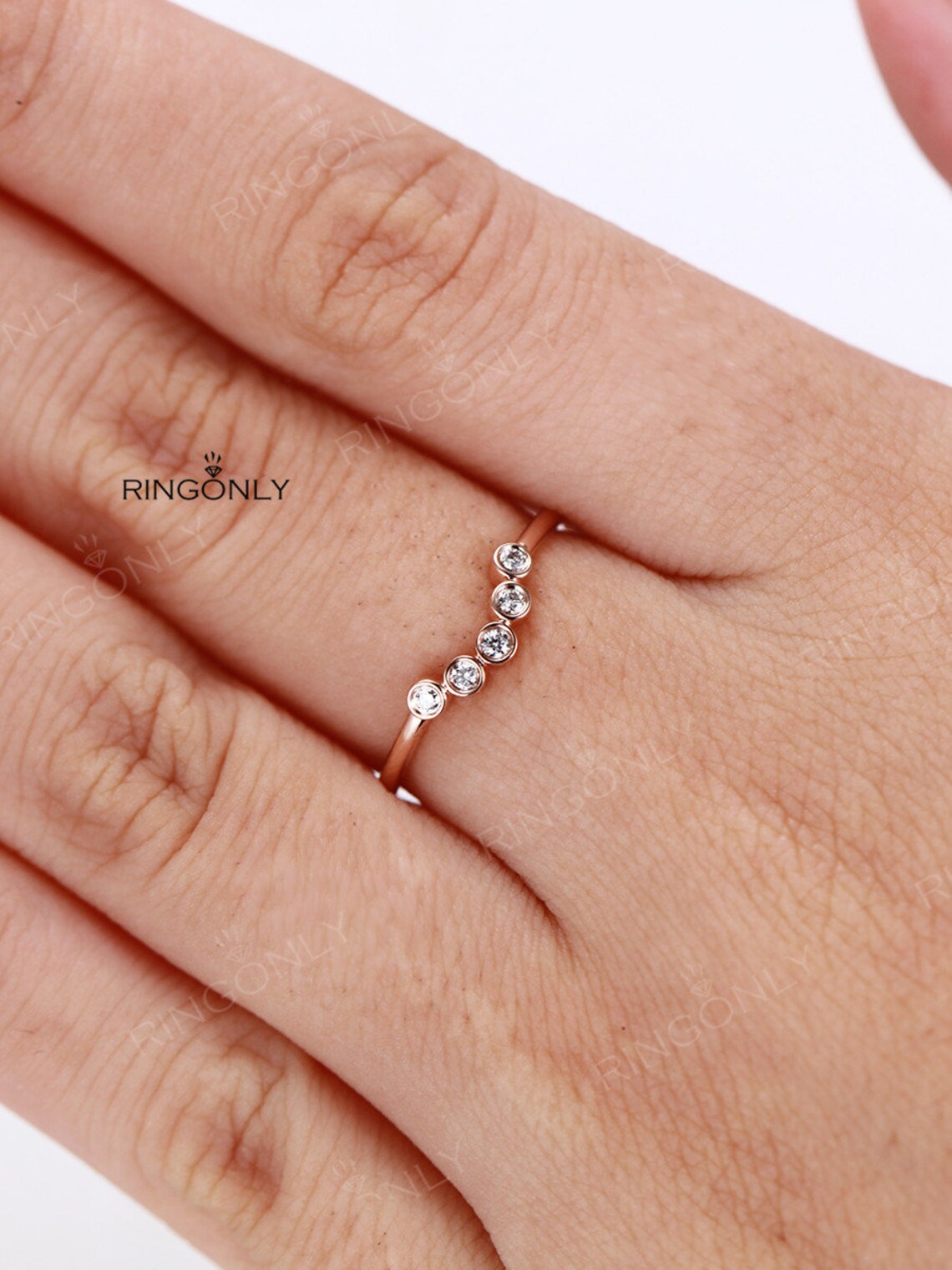 Curved Diamond Wedding Band Women Chevron Tiny Dainty Diamond Ring 14k ...