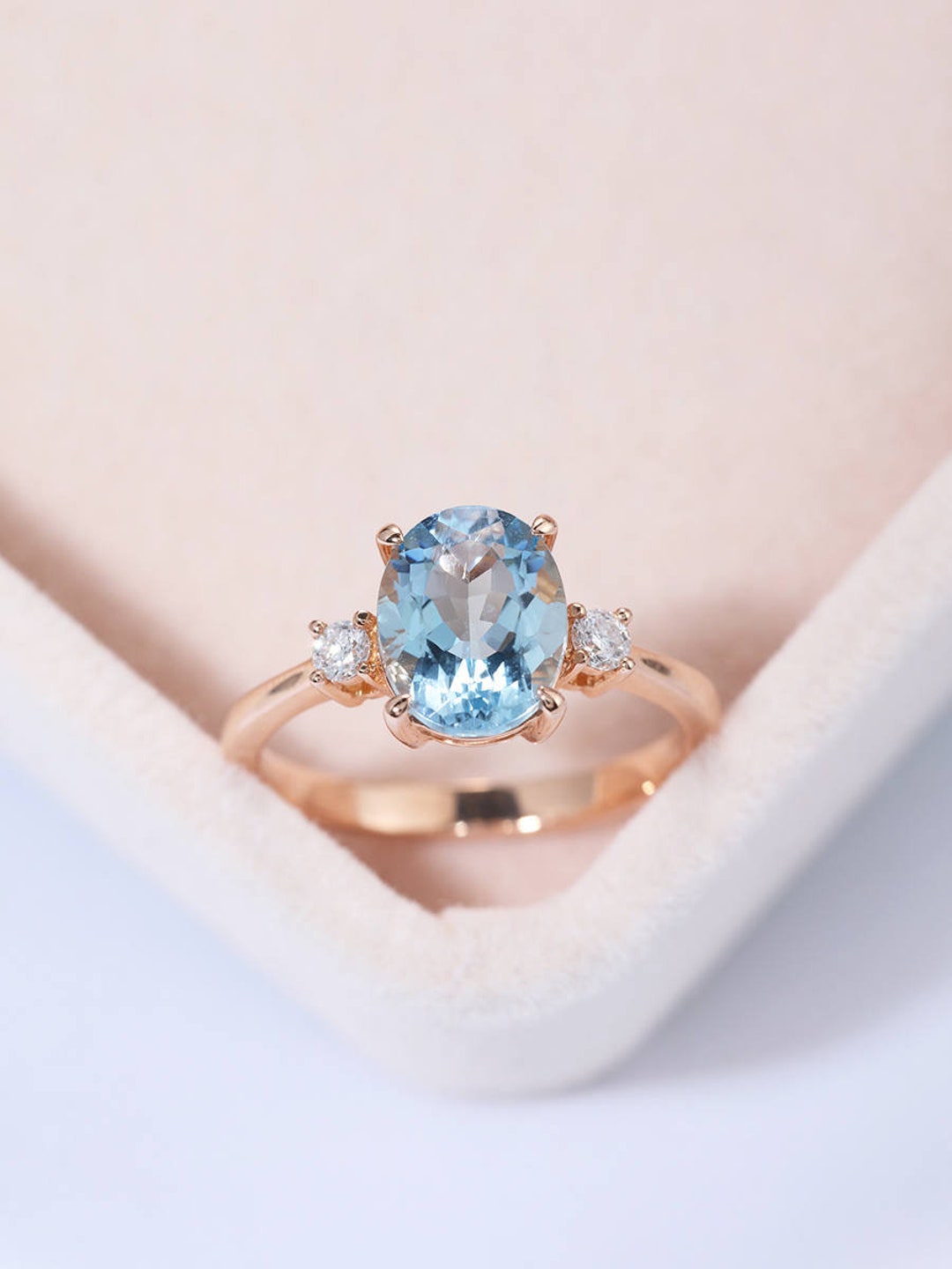 Aquamarine Engagement Ring Rose Gold Engagement Ring Three Stone Simple ...
