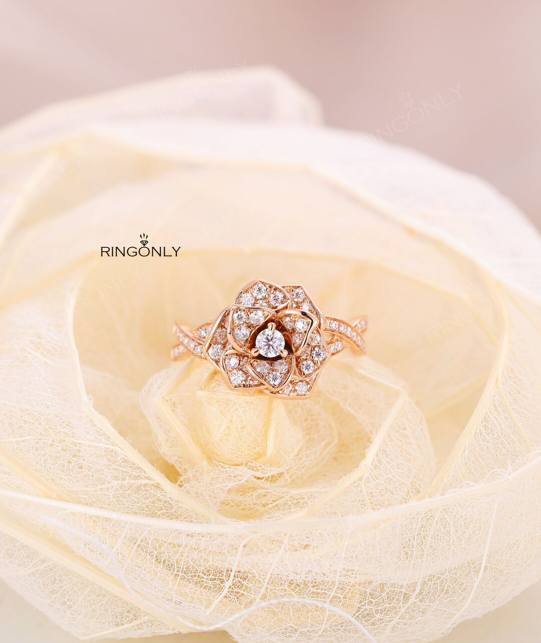 Anillo de compromiso de flores, Anillo de compromiso de diamantes único ...