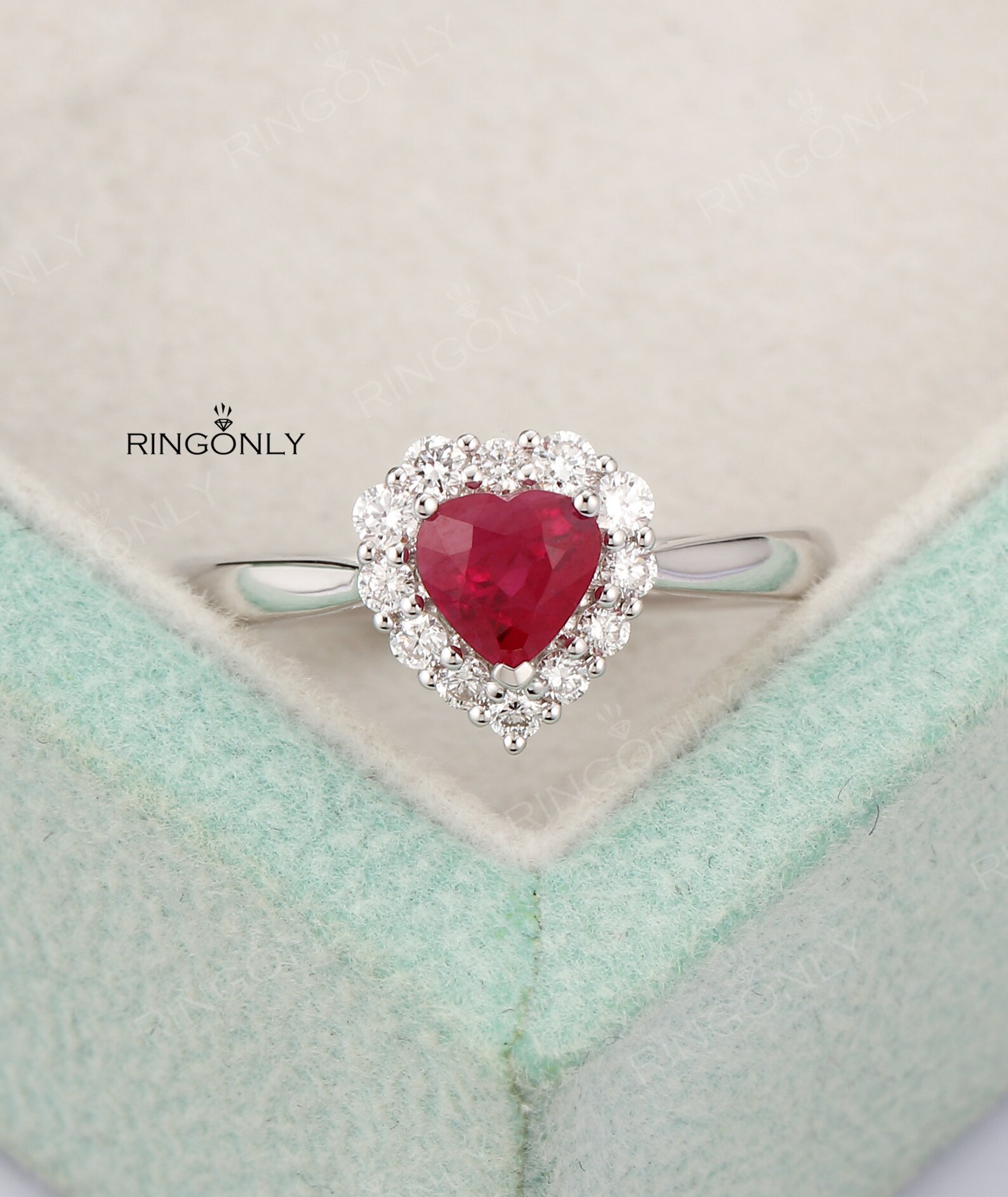 Heart shaped Ruby engagement ring in white goldhalo diamond | Etsy