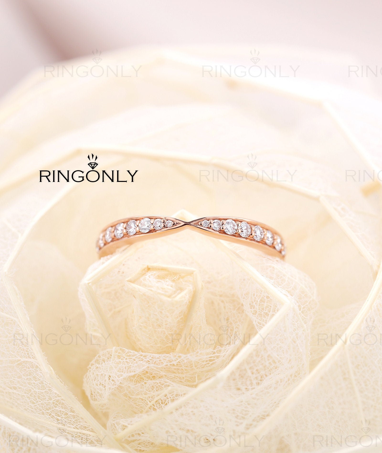 Rose Gold Wedding Band Infinity Ring Diamond Women Unique Half | Etsy