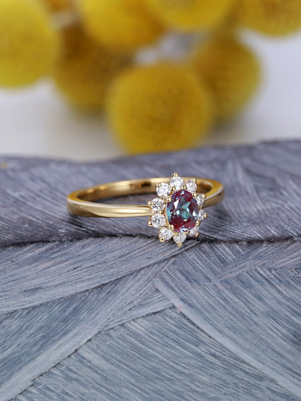 Alexandrite engagement ring Women Yellow Gold Wedding Halo set | Etsy