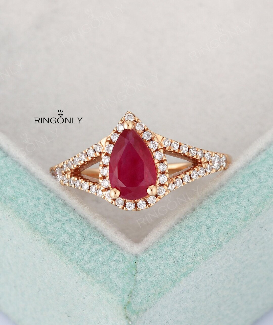 Pear Shaped Ruby Engagement Ring,rose Gold Wedding Ring,halo Set ...