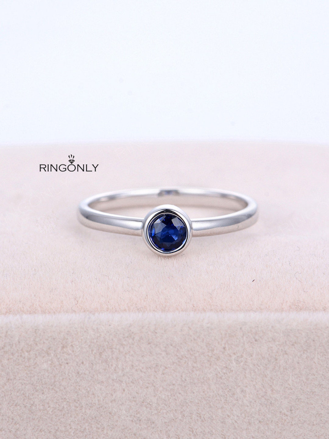 Minimalist Blue Sapphire Engagement Ring 14K 18K White Gold Simple Ring ...